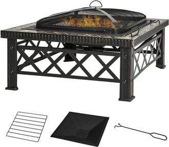OUTSUNNY 3-in-1 Feuerschale Feuerkorb Feuerstelle mit Funkenschutz Grillrost Eisk&uuml;bel Garten bbq Schwarz 76cm x 76cm x 47cm - Outsunny