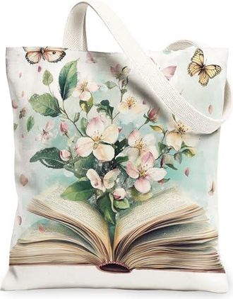 Generic Sac fourre-tout en toile r&eacute;utilisable pour le shopping, 33 x 38 cm, livre amusant, fleurs, papillons, sac d&eacute;picerie r&eacute;utilisable pour femme, peinture 