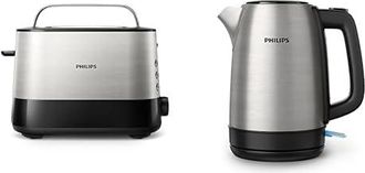 Philips HD9350/90 Wasserkocher (2200 Watt, 1.7 Liter, Edelstahl) [Energieklasse A+++] + HD2637/90 Toaster (7 Stufen, Br&ouml;tchenaufsatz, Stopp-Taste, 1000 W) sch