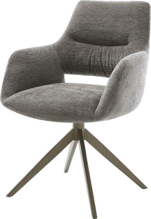 DELIFE Esszimmerstuhl Yago-Flex mit Armlehnen Kreuzgestell breit Effektfinish Titan Boucl&eacute; Soft Schlamm 360&deg; drehbar Wippfunktion Taschenfederkern