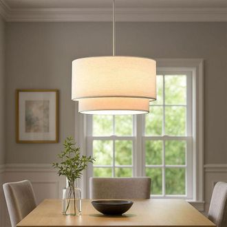 Nowa Lampe led à suspendre de table ronde Suspension beige textile Lampe de salon, métal nickel mat, 10,5W 1055lm blanc chaud, DxH 40 x 150 cm