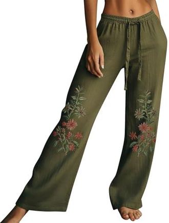 Generic Pantalon long en lin pour femme - Broderie florale - Pantalon en tissu d&eacute;contract&eacute; l&eacute;ger et a&eacute;r&eacute; - Taille &eacute;lastique - Pantalon de loisirs - D&eacute;contract
