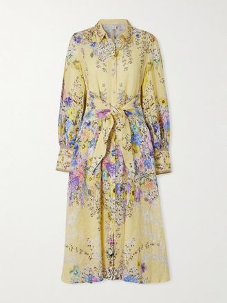 Camilla Midi-hemdblusenkleid Aus Einer Seiden-leinenmischung Mit Blumenprint Und Kristallen - Gelb