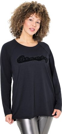 Ulla Popken Damen Shirt, Flockdruck, A-Linie, Rundhals, Langarm, Offenkantig, Schwarz, 46-48 EU