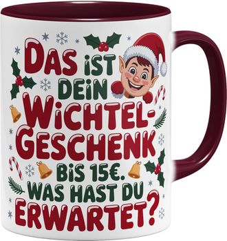 OM3 Lustige Wichtelgeschenk Tasse bis 15 Euro - Humorvolle Spruchtasse f&uuml;r Wichtelrunde - Schrottwichteln - Wichteln - Keramik Becher - 325ml - Beidseitig