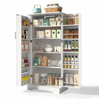 Soges Multifunktionaler Küchenschrank Doppeltür mit Staufach mit LED-Sensorleuchte 60×35×128cm, Höhenverstellbaren Einlegeböden, Geeignet für Küche, Wohnzim