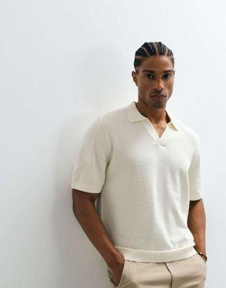 Arket Polo &agrave; manches courtes en maille de coton et lin m&eacute;lang&eacute;s - Blanc cass&eacute;