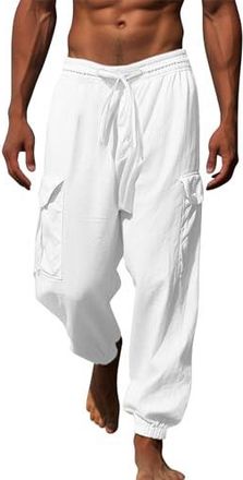 Generic Pantalon en coton et lin pour homme - Pantalon de plage en coton et lin - Taille &eacute;lastique - Confortable et respirant - Pantalon de vacances d&eacute;contrac