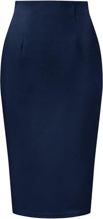 Allegra K Jupe Crayon &eacute;l&eacute;gante pour Femmes, Taille Haute, Ourlet Fendu, Jupes de Travail Moulantes Bleu fonc&eacute; XL