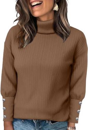 Generic Pull Femme Hiver Chaud col Montant D&eacute;contract&eacute; Manche Longue Couleur Unie Jumper Pull Femme Chic et El&eacute;gant Mode Ample Sweatshirts Caf&eacute;