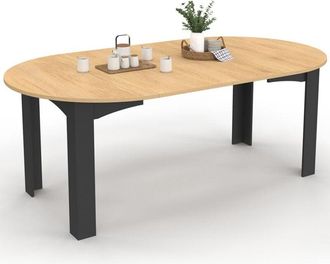 IDMarket Idmarket - Table &agrave; manger extensible ronde dona 4-10 personnes noire plateau fa&ccedil;on h&ecirc;tre 110-200 cm