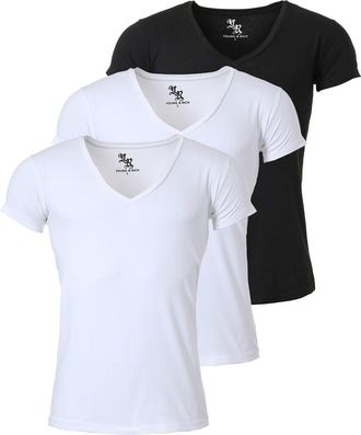 Young & Rich Herren Uni T-Shirt mit extra tiefem V-Ausschnitt Slimfit Stretch Dehnbare Passform einfarbiges Basic Shirt - 3er Pack, Gr&ouml;sse:3XL, Farbe:2 x Wei&szlig; / 1 