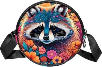 Generic Petit sac &agrave; bandouli&egrave;re circulaire pour femme, motif raton laveur avec fermeture &eacute;clair, bretelles r&eacute;glables, sac &agrave; main rond d&eacute;contract&eacute; pour femmes 