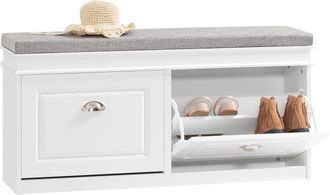 SoBuy Schuhbank mit Sitzfläche Sitzbank mit Stauraum und 2 Klappen, schmaler Schuhschrank mit Sitzbank & Schuhregal platzsparend, Schuhablage für Flur & kle