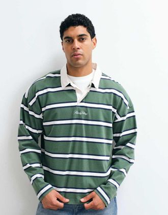 Cotton On Box-Fit Rugby-Polo mit gr&uuml;nen breiten Streifen-Multi