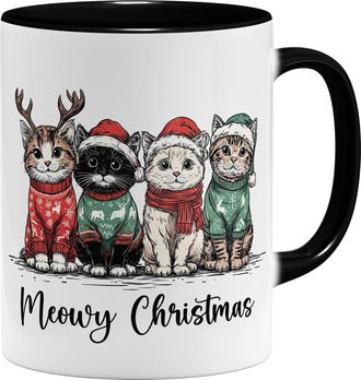 OM3 Meowy Christmas Kaffee-Tasse mit s&uuml;&szlig;en K&auml;tzchen - Weihnachtstasse 4 niedliche Katzen - Keramik Becher - 325ml - Beidseitig Bedruckt - Schwarz