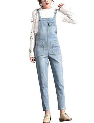 Lazutom Salopette ample d&eacute;contract&eacute;e en jean pour femme, bleu clair, 46