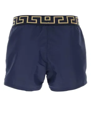 Versace Logo-Embroidered Greek Key Trim Swimming Shorts - Navy