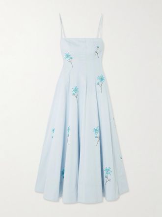 Staud Wylie Midikleid Aus Popeline Aus Einer Baumwollmischung Mit Stickereien Und Verzierungen - Blau