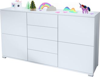 Vladon Sideboard Rova V1, Kommode mit 4 Türen und 4 Schubladen, Weiß matt/Weiß matt (138,5 x 75,5 x 35)