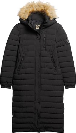 Superdry Damen Lang geschnittener Fuji Steppmantel mit Kapuze Schwarz 36