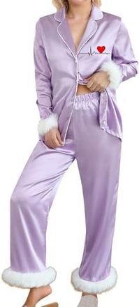 Generic Ensemble de pyjama d&eacute;contract&eacute; et confortable pour la Saint-Valentin 2026 pour femmes, chemise &agrave; manches longues, pantalon, deux ensembles, violet, XX