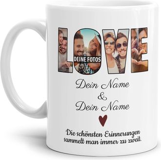 Tassendruck Foto-Tasse selbst gestalten - Love, die schönsten Erinnerungen - Collage mit 4 Fotos & Namen - Geschenk für Familie, Paar, Geburtstag, Weihnachten - K