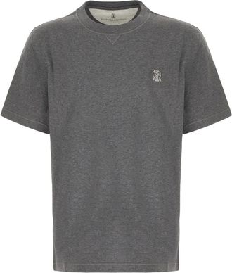 Brunello Cucinelli Homme, Tops, Gris, Taille: M T-shirt avec logo brod&eacute;