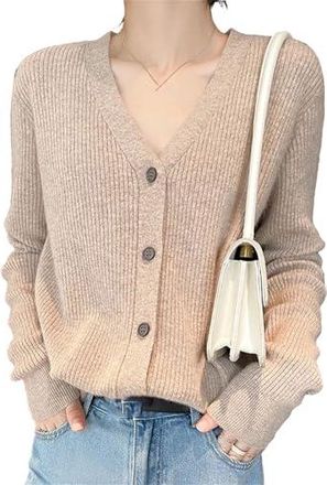 Generic Femmes Printemps Chic Col V Ray&eacute; Cachemire Cardigan Pull Manches Longues Tricot Manteaux, camel, Taille XS