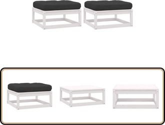 vidaXL Vidaxl - Garten-Fußhocker mit Kissen 2 Stk. Weiß Massivholz Kiefer - Gartenfusshocker - Kiefernholz Möbel - Outdoor Lounge Set - Gartenstuhl