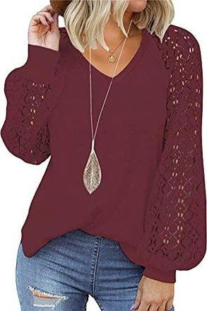 TOMWELL Chemisier Blouse Ample à Manches Longues en Dentelle pour Femmes Patchwork Chemisier Femme Col en V Tunique Tops Jumper Pullover Couleur Unie Blouse M