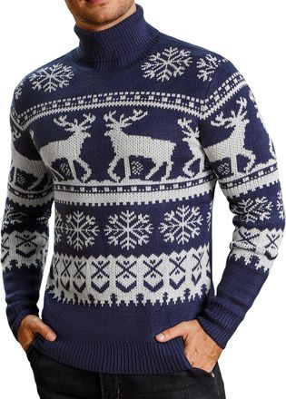 Coofandy Weihnachtpullover Herren Winter Weihnachten Rollkragenpullover Warm Lustige Pullover Blau-weihnachtsmuster XXL