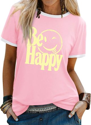 Dresswel Tshirt Damen Be Happy L&auml;chelndes Gesicht Druck T-Shirt Rundhals Kurzarm T Shirts Sommer Oberteile Tee Tops Bluse