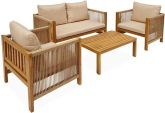 Sweeek Salon de jardin ALCIRA 4 places en bois dacacia et cordes beiges et coussins beiges. 1 canap&eacute; 2 pl + 2 fauteuils + 1 table basse