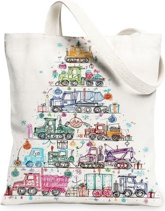 Generic Sacs fourre-tout en toile de camion de No&euml;l, motif v&eacute;hicule color&eacute;, sacs d&eacute;picerie r&eacute;utilisables, festifs l&eacute;gers et lavables en toile pour T, blanc, 1