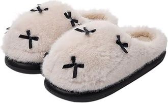 Generic Pantoufles confortables en peluche avec noeud papillon pour femme et homme - Semelle &eacute;paisse - Doux et chaud - S&eacute;chage rapide - R&eacute;sistant &agrave; lusure - S