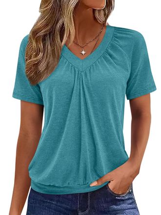 Onsoyours Tshirt Damen V-Ausschnitt T-Shirt Sommer Oberteile Kurzarm Longshirt Causal Falten Tops A T&uuml;rkis XXL