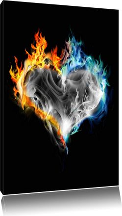 Pixxprint Dark brennendes Herz aus Feuer und Wasser B&W, Größe: 120x80cm, Leinwandbild, fertig gespannt, Wandbild, Dekoration, Kunstdruck, kein Poster