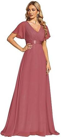 Ever-pretty Robe De Soirée Style Long Manches Volantées Col en V Jupe Trapèze Robe Femme Chic Et Elegant Rouge Haricot 52