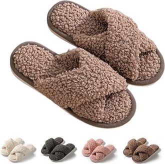 Generic Chaussons Femme Bandes Crois&eacute;es Flous Slide &Agrave; Doigts Ouverts en Mousse M&eacute;moire Plush, Chausson Chauds Confortables pour Chambre Maison Int&eacute;rieur,caf&eacute;,