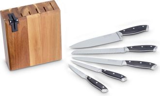 Echtwerk Messerblock/ Küchenmesser-Set aus Akazienholz mit rutschhemmenden Gummifüßen, Inkl. Integriertem Messerschärfer, Messer aus Klingenstahl, 6tlg