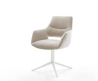 DELIFE Drehstuhl Yago-Flex mit Armlehnen Webstoff Soft Beige Fu&szlig;kreuz Wei&szlig; 360&deg; drehbar Wippfunktion Taschenfederkern, Esszimmerst&uuml;hle