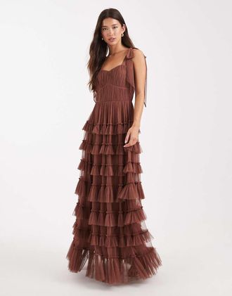 Lace & Beads Robe longue de demoiselle dhonneur en tulle avec bretelles nouées - Marron rosé-Brown