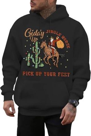 Generic Sweat &agrave; capuche de No&euml;l pour homme | Cowboy Santa Oversize - Sweat &agrave; capuche &agrave; manches longues pour lautomne | pour v&ecirc;tements de rue, Noir, 3XL