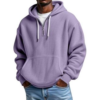 Generic Sweat &agrave; capuche pour homme - Motif gaufr&eacute; - Manches longues - Avec fermeture &eacute;clair 1/4 - Couleur unie - Confortable - Pull en tricot d&eacute;contract&eacute; - Av