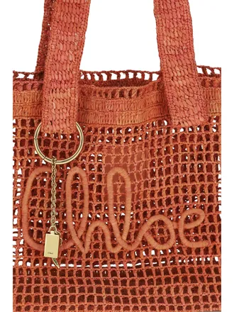 Chlo&eacute; Womens Raffia Tote Bag East-West Summer Banana Camellia Coral Shoulder