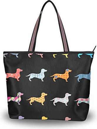 Mnsruu Sac à main pour femme avec fermeture éclair, grand sac fourre-tout décontracté, sac de courses, L (motif chien coloré teckel noir) - - multicolore, La
