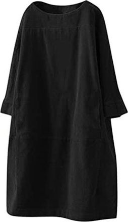 Onsoyours Robe Femme Vintage Grande Taille Velours Côtelé à Manches Longues LâChe Tenue Vintages Ample Long Dress Décontractée Robes Femmes Ete AVCE Poches Noir