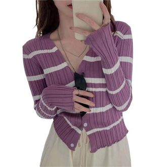 Generic Y2k Cardigan &agrave; rayures cor&eacute;ennes en tricot fin avec boutons d&eacute;contract&eacute;s et col en V pour femme, violet, Taille Unique