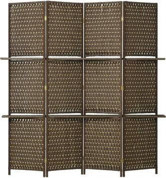 HOMCOM Homcom - Paravent int&eacute;rieur 4 panneaux 2 &eacute;tag&egrave;res pliables s&eacute;parateur de pi&egrave;ce bois de pin bambou fibres de papier tress&eacute;e marron paille